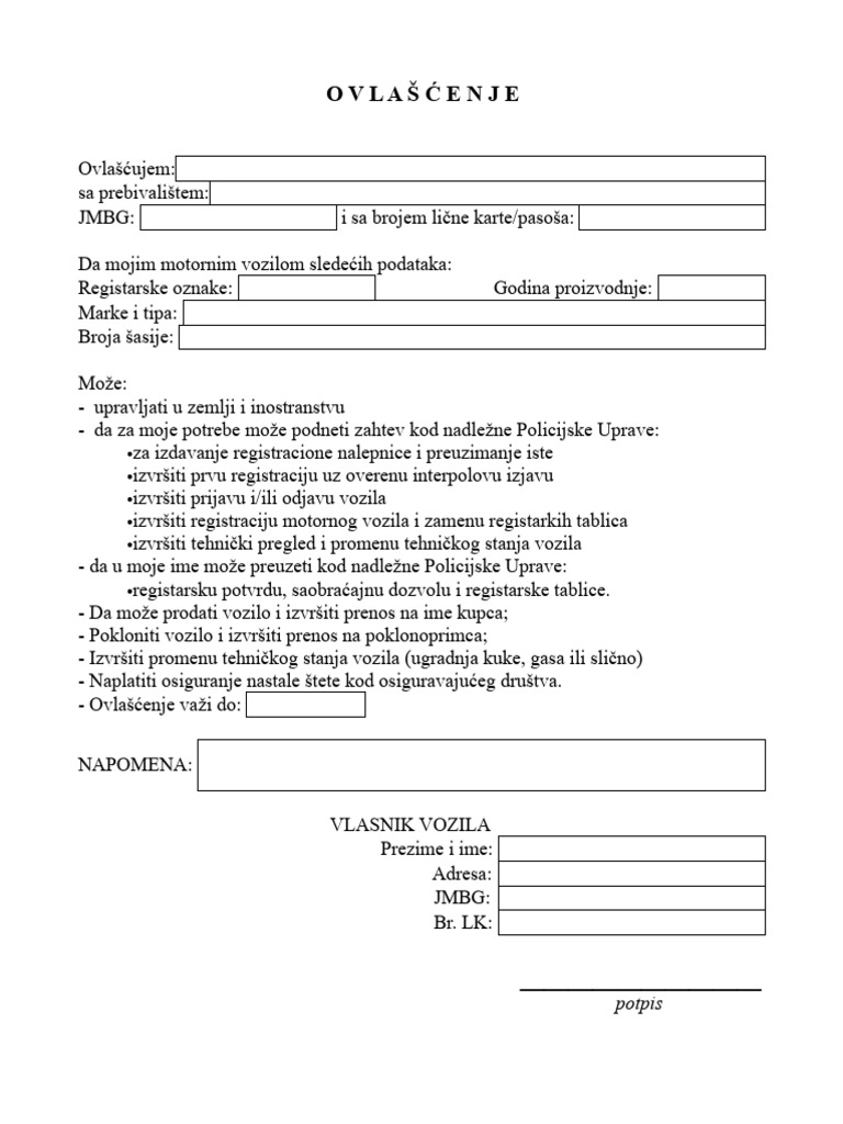Ovlascenje Za Auto | PDF
