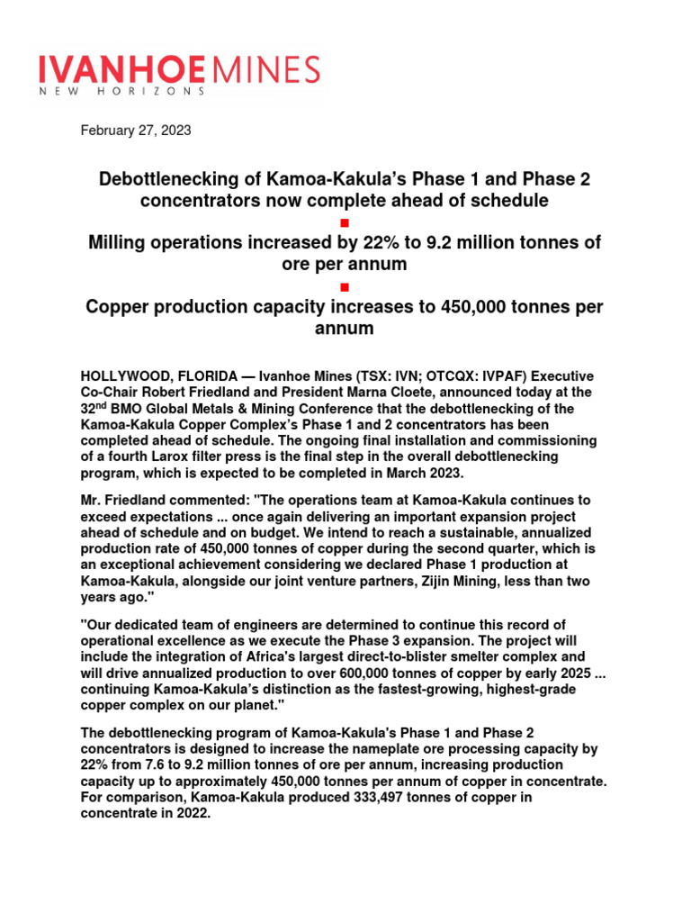 Kamoa-Kakula Debottlenecking Update Final | PDF | Mining | Copper