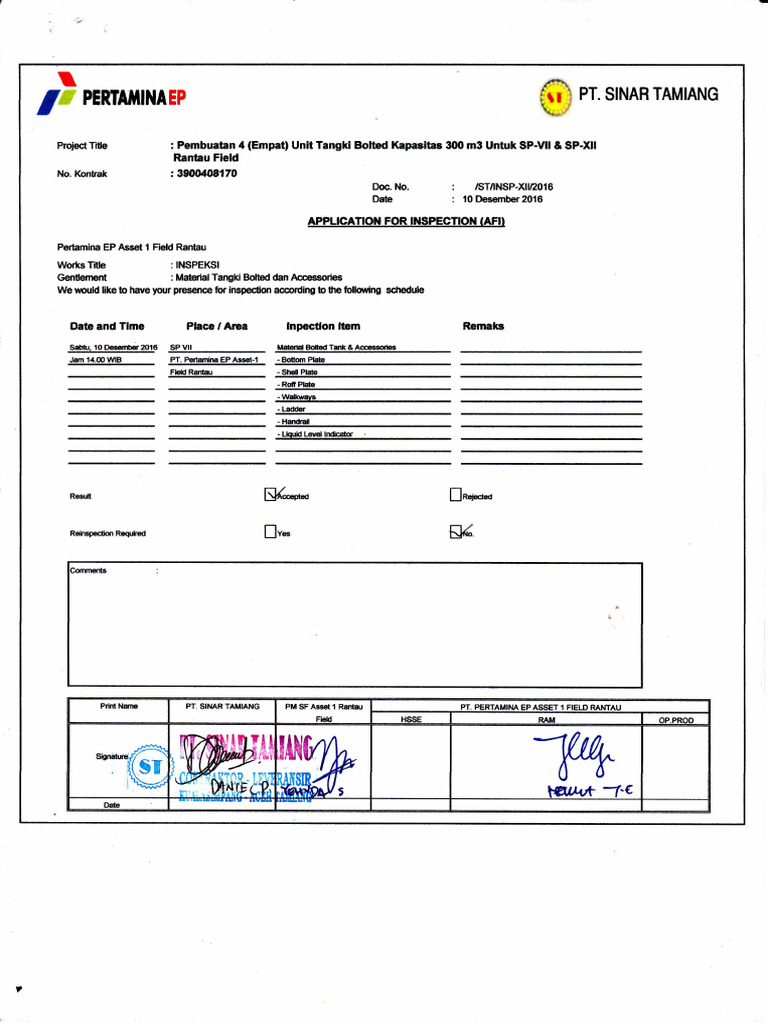 BA Inspeksi Material Tangki | PDF