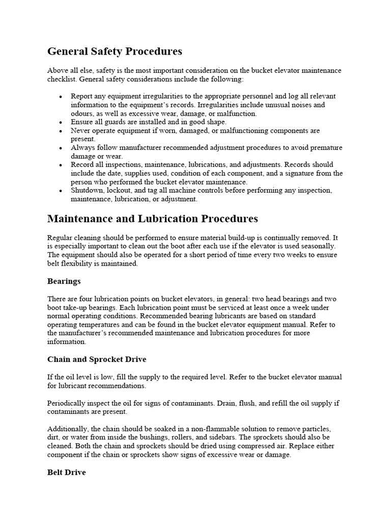 General Bucket elevator Maintenance checklist and Procedures | PDF ...