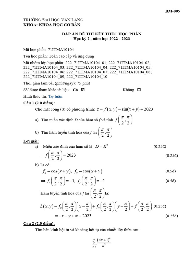 Đáp Án 1 - TCCUD - HK2 | PDF