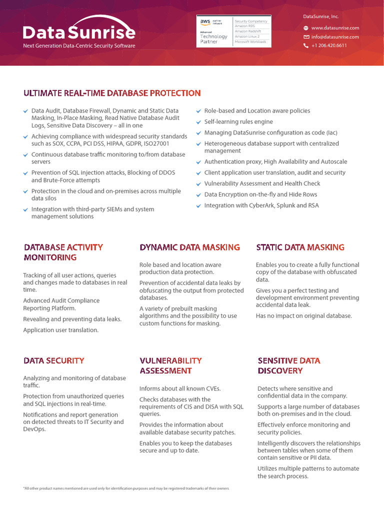 DataSunrise Datasheet | Download Free PDF | Databases | Cloud Computing