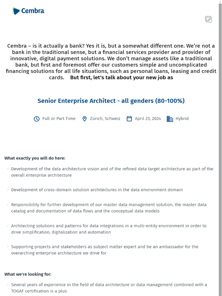 Senior Enterprise Architect Position at Cembra | PDF | Enterprise Architecture | Banks