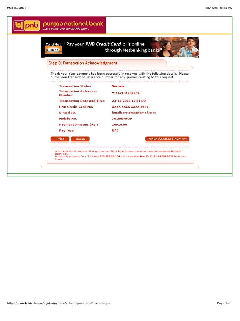 PNB Card Payment Confirmation Details | PDF