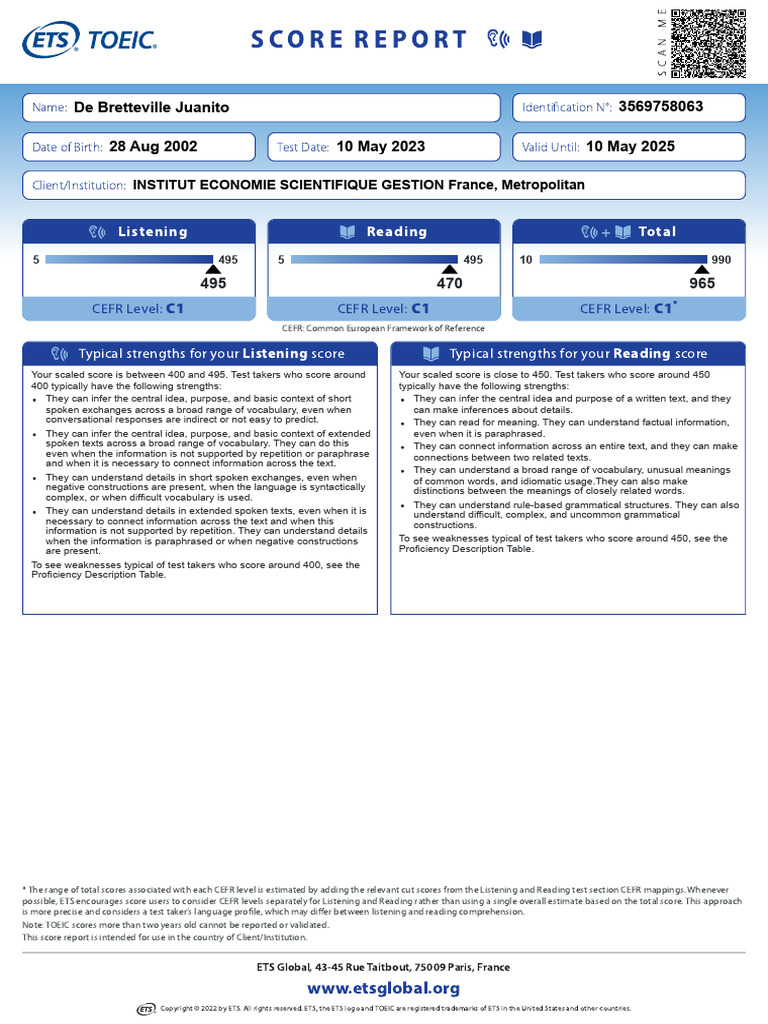 TOEIC Digital Score Report | PDF | Psycholinguistics | Cognitive Science