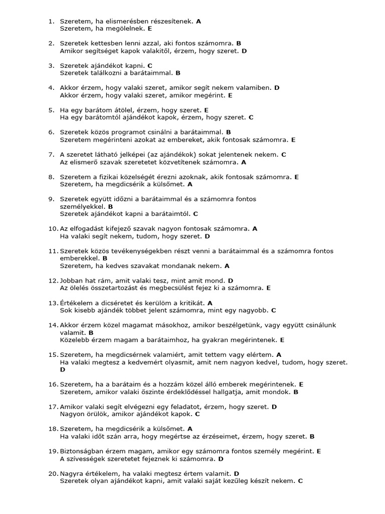 2 Szeretetnyelv TESZT | PDF