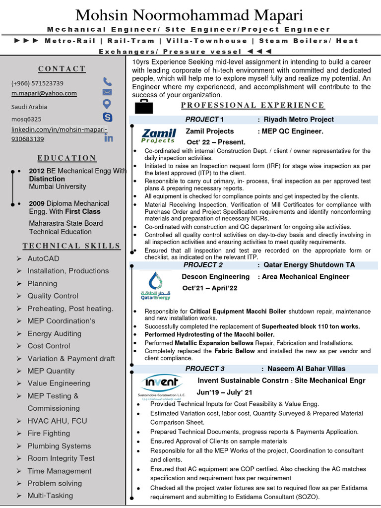 Mohsin Mapari-Mech Engr CV | PDF | Pump | Mechanical Engineering