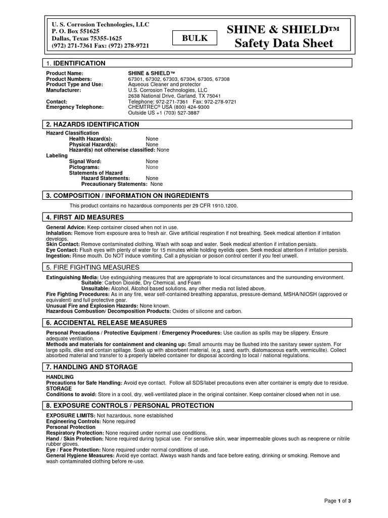 Shine & Shield SDS | PDF | Personal Protective Equipment | Hazards