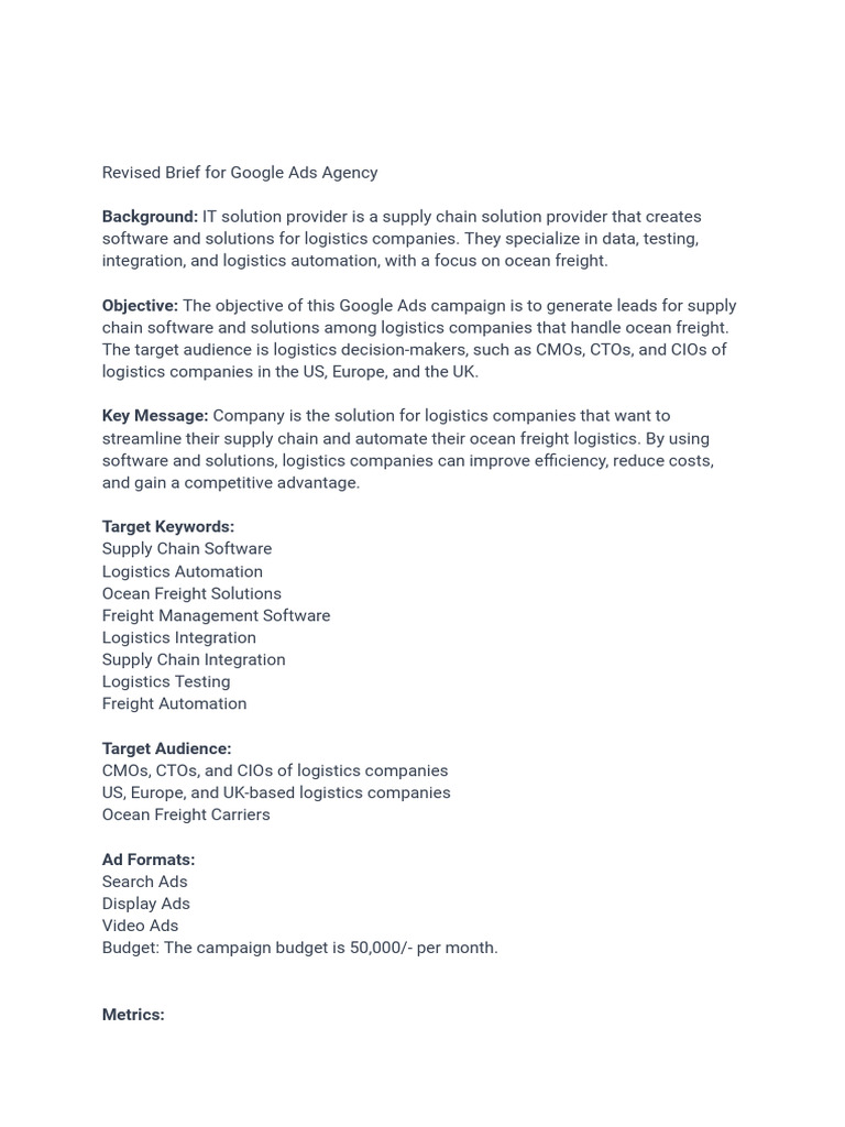 Google Ads Brief | PDF | Logistics | Online Advertising