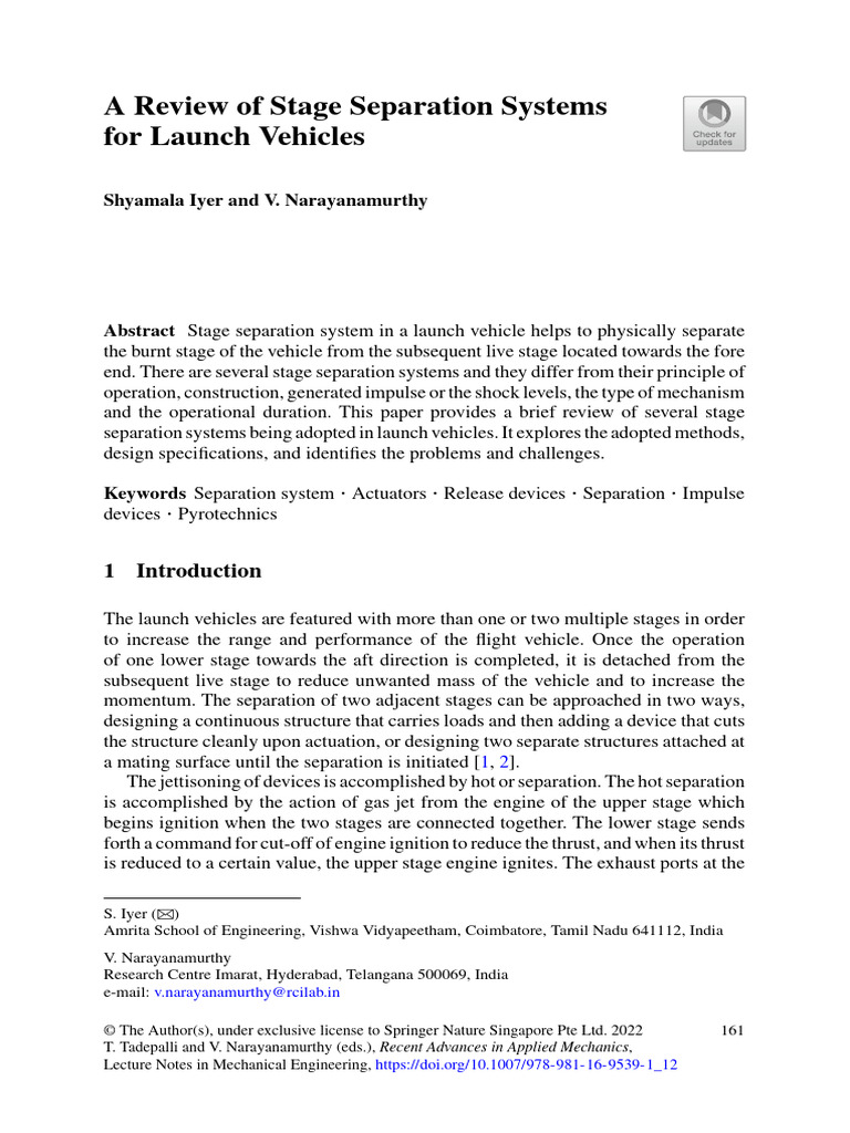 A Review of Stage Separation Systems For Launch Vehicles: Shyamala Iyer ...