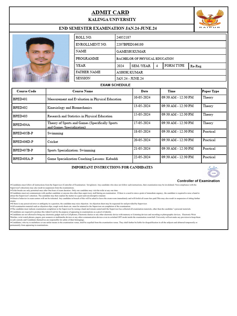 AdmitCard 2207BPED166180 4 2024 | PDF