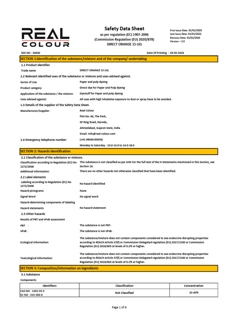 Sds Direct Orange 15 Liq | PDF | Materials