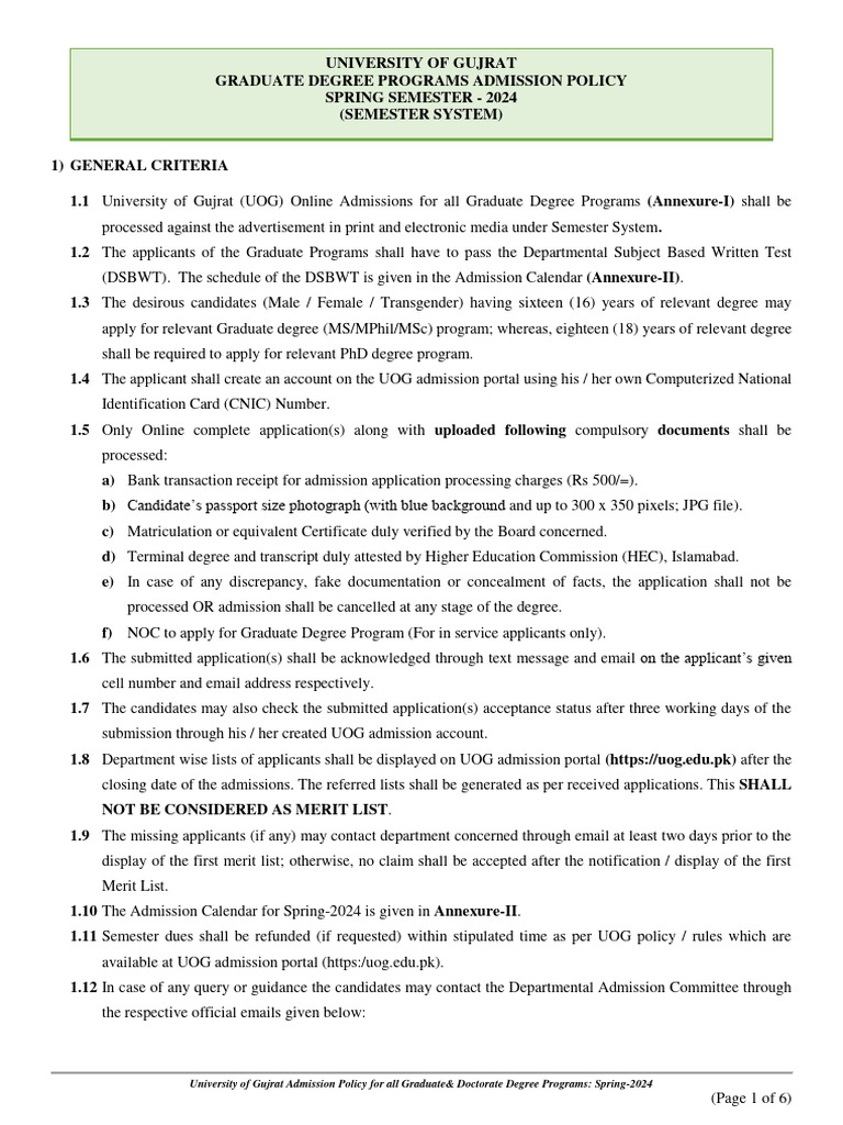 UOG Graduate Admission Policy Spring 2024 | PDF | Academic Degree ...