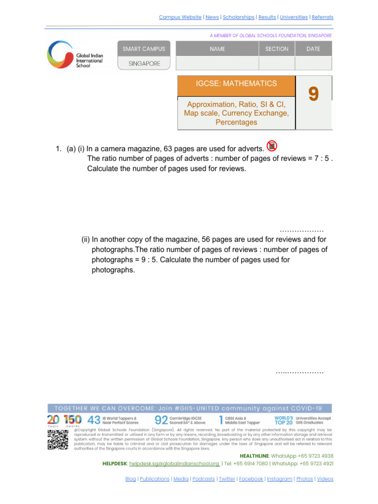 WS - IGCSE - MATH - CT1 - QP - Number Revision 1 - 2024-25 | PDF | Area
