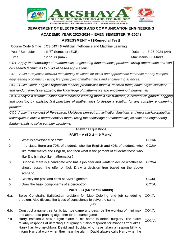 AIML CIA II Question Paper ECE Remedial | PDF | Machine Learning ...