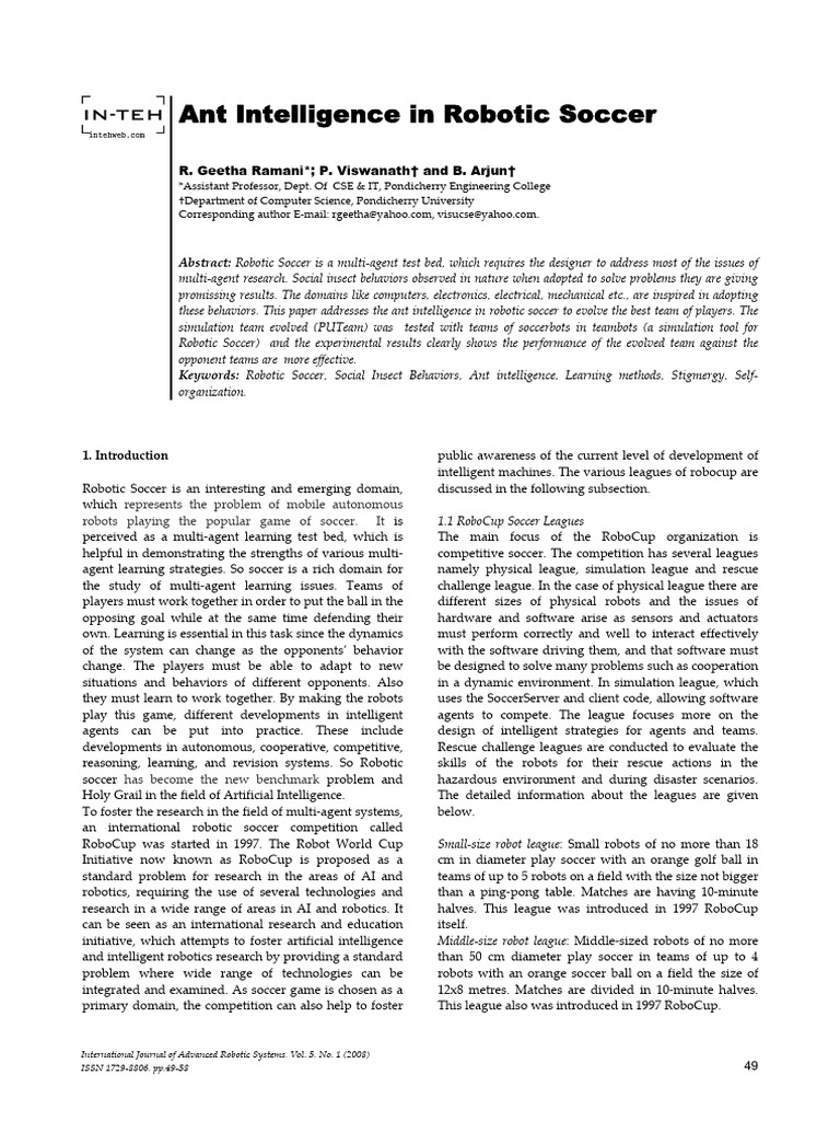 Ant Intelligence in Robotic Soccer | PDF | Learning | Robotics