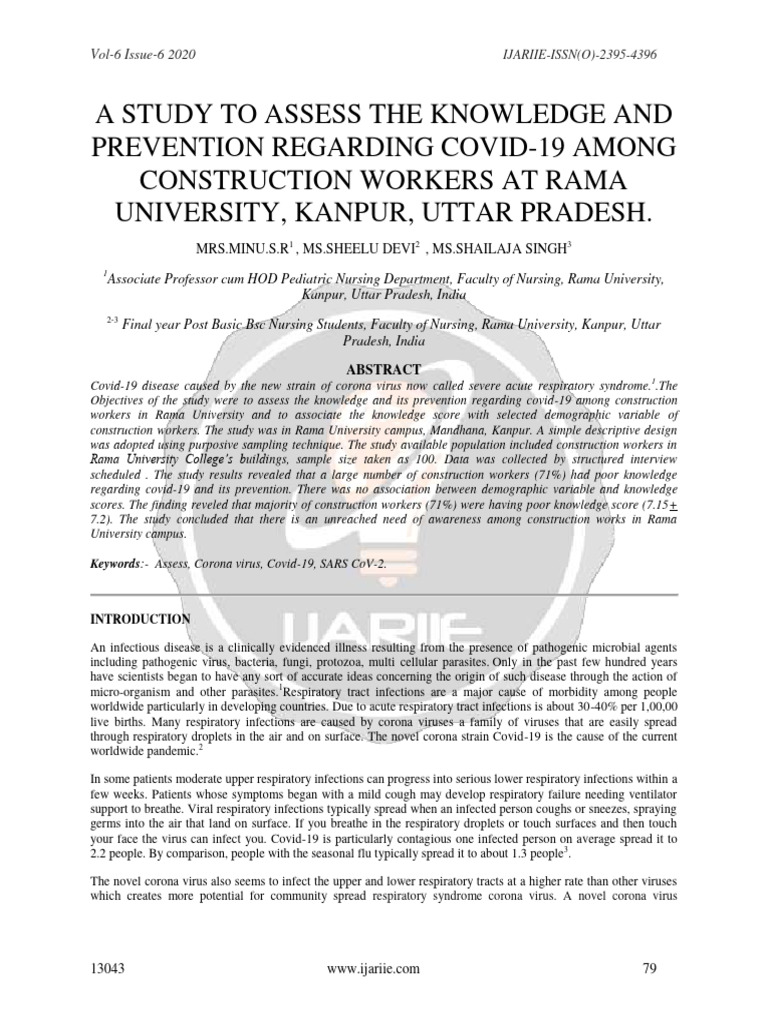 A STUDY TO ASSESS THE KNOWLEDGE AND PREVENTION REGARDING COVID 19 AMONG CONSTRUCTION WORKERS AT ...