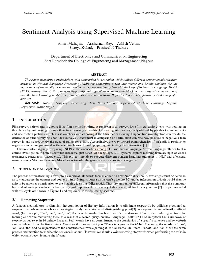 Sentiment Analysis Using Supervised Machine Learning Ijariie13051 | PDF | Statistical ...