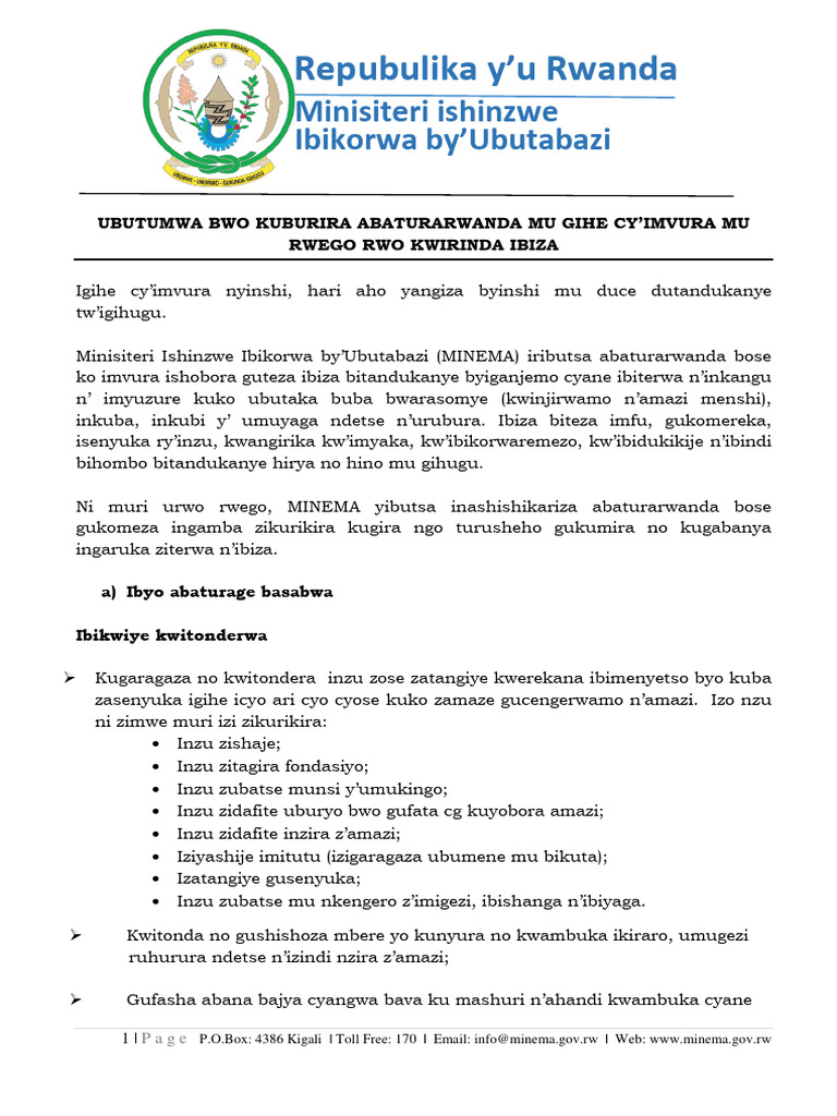 Ubutumwa Burira Abaturarwanda Mu Gihe Cy Imvura Mu Rwego Rwo Kwirinda Ibiza | PDF