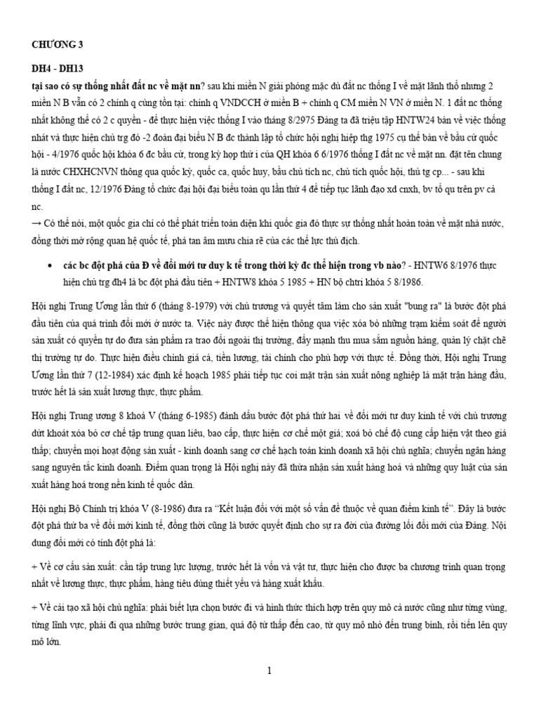 Chương 3 DH4 - DH13 tại sao có sự thống nhất đất nc về mặt nn? sau khi miền N giải phóng mặc dù ...