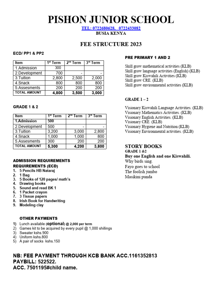 Pishon Junior School Current Fee Structure 2023 | PDF