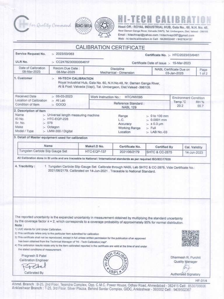 Calibration Certificate for Measuring Equipment | PDF | Calibration ...