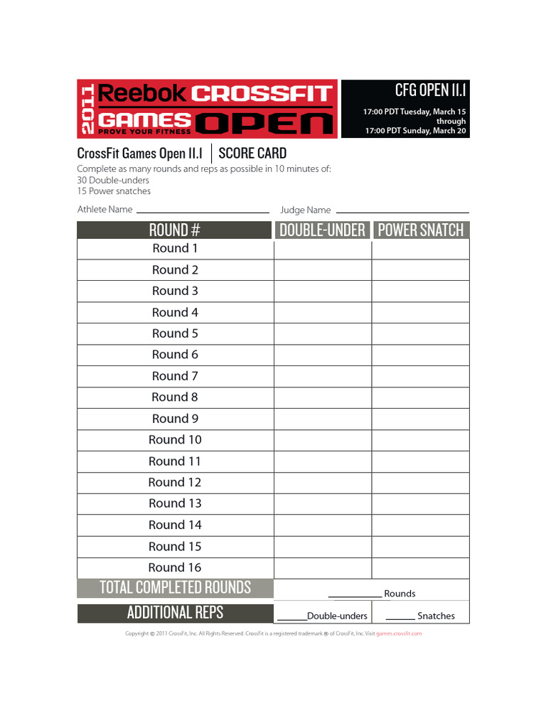 CFG Open 11.1: Crossfit Games Open 11.1 Score Card | PDF