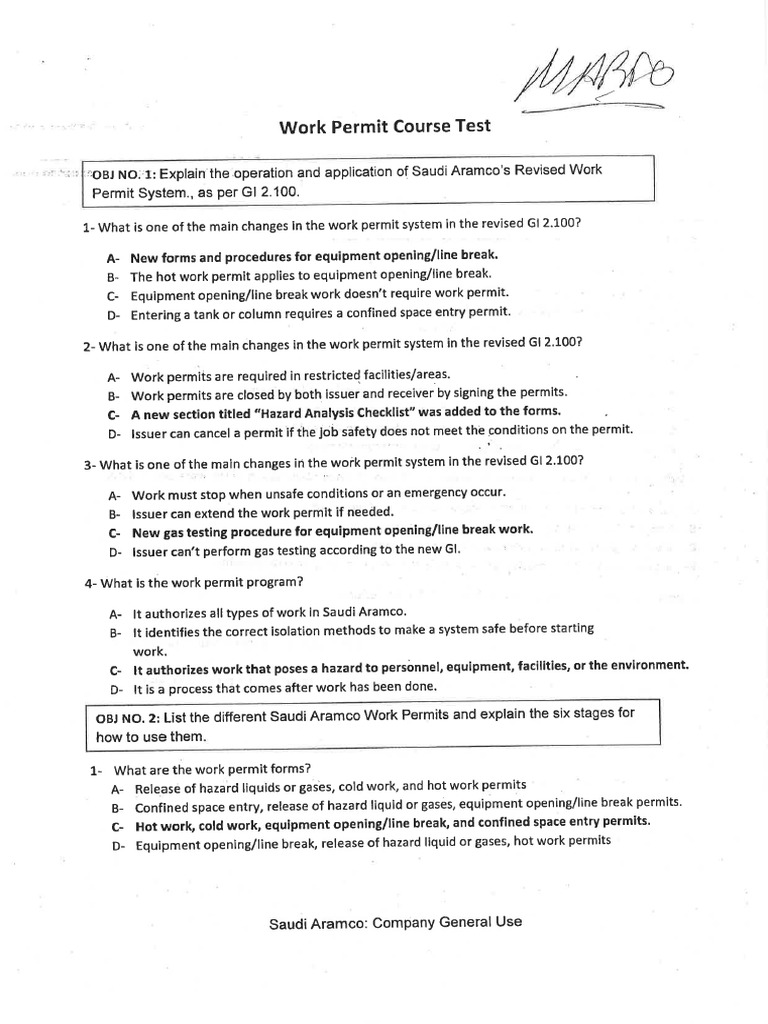 WPR - Work Permit Receiver Test Ques & Ans | PDF