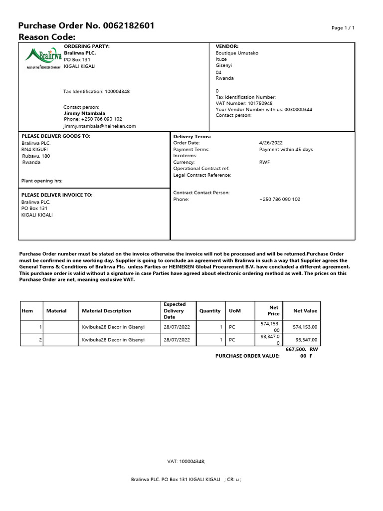 Purchase Order 0062182601 | PDF | Invoice | Value Added Tax