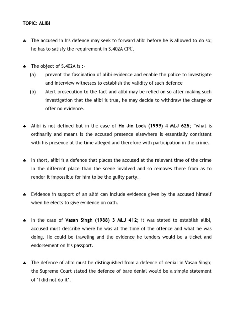 Alibi Notes On Criminal Procedure Code | PDF | Witness | Burden Of ...