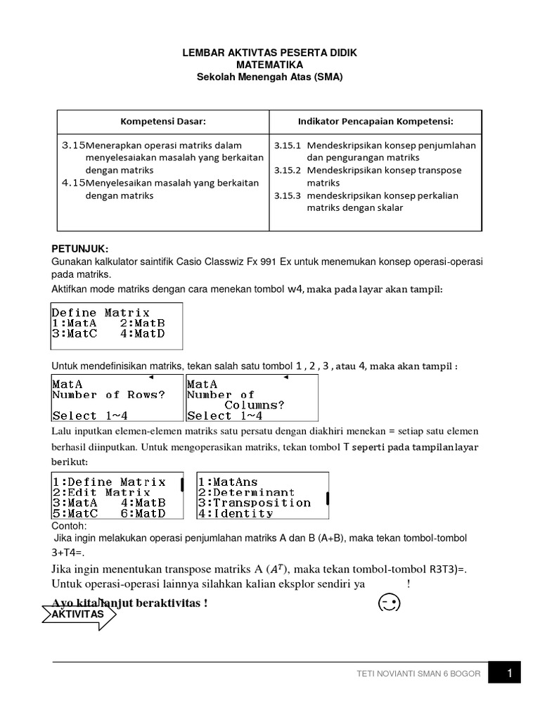 Panduan Operasi Matriks dengan Kalkulator | PDF | Metode & Bahan Ajar