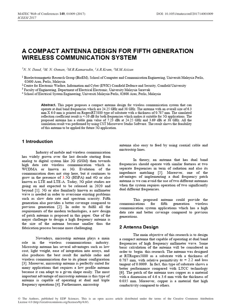A Compact Antenna Design For Fifth Generation Wire | PDF | Radio | Telecommunications Engineering