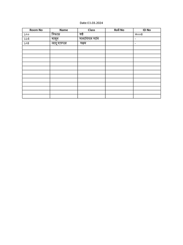 Room No Name Class Roll No Id No: Date: 03.03.2024 | PDF