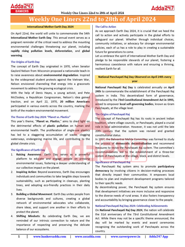 Weekly One Liners 22nd To 28th of April 2024 | PDF | Reserve Bank Of India