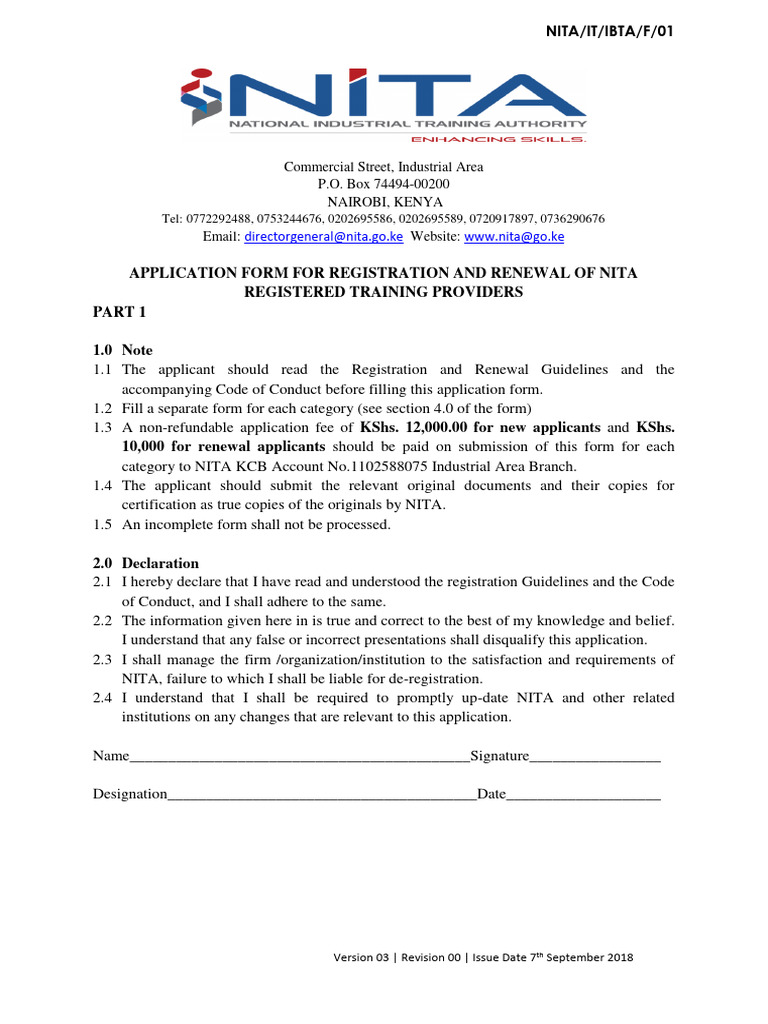 f01 Application Form For Registration and Renewal of Nita Registered ...