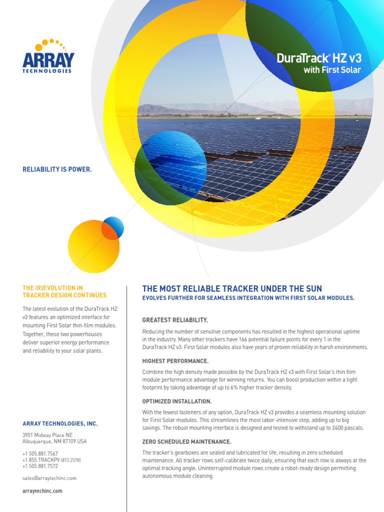 DuraTrack HZ v3 Datasheet - First Solar | PDF | Solar Panel ...