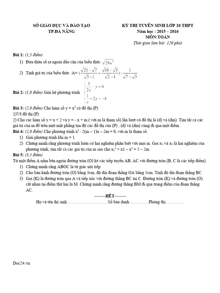 De Thi Vao 10 Mon Toan Da Nang Nam 2015 2016 | PDF