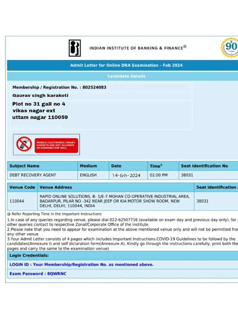 Dra Admit Card | PDF