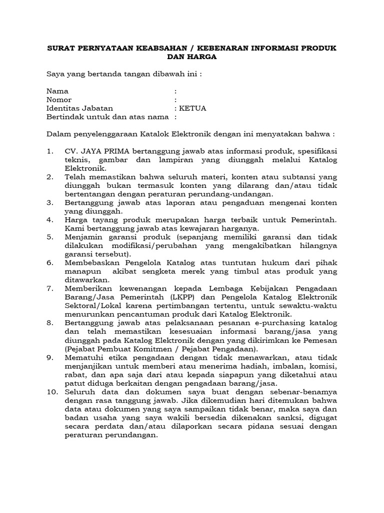 Contoh Surat Pernyataan Keabsahan | PDF