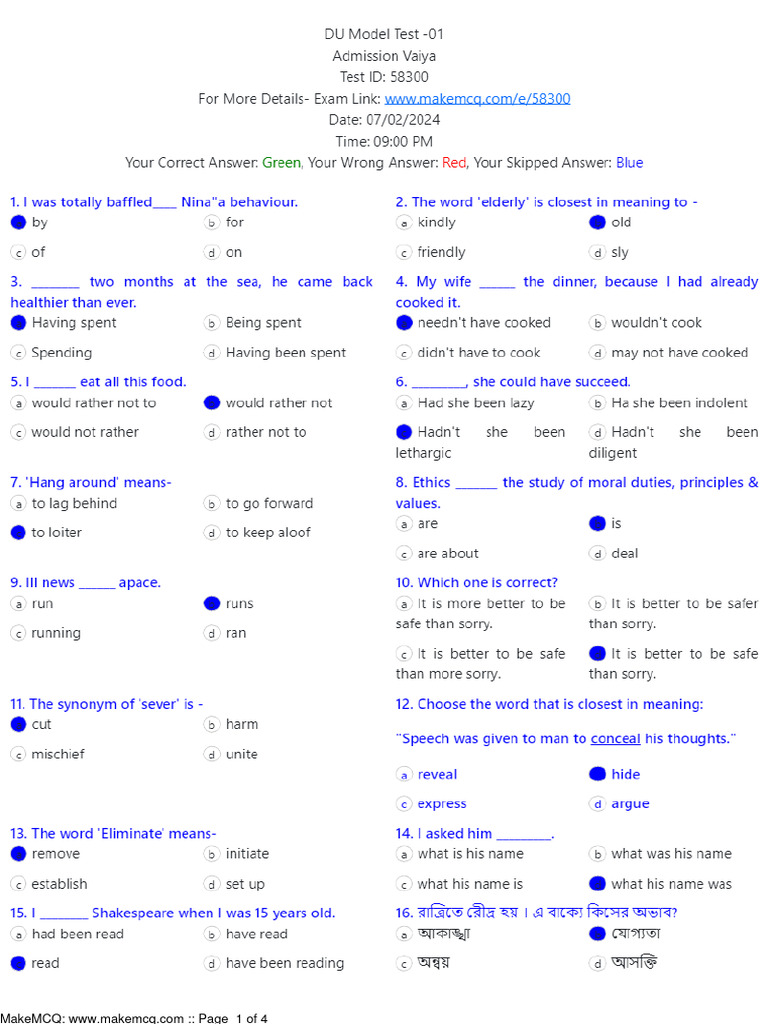 58300-Question 1707750292 DU Model Test - 01 | PDF