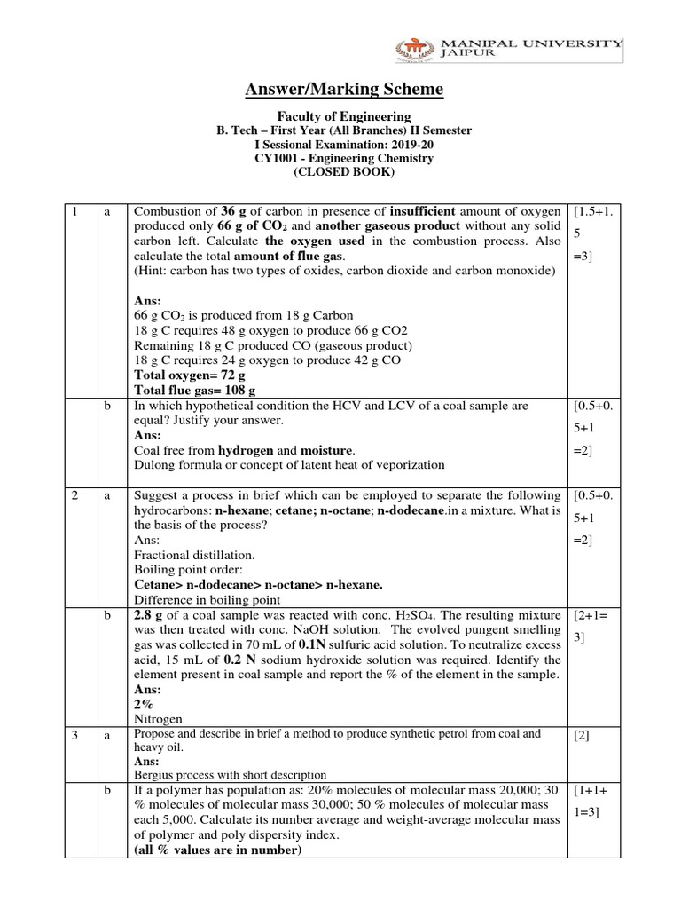 Answer CY1001 MTE 1 Jan-May 20 | PDF | Carbon Monoxide | Polymers