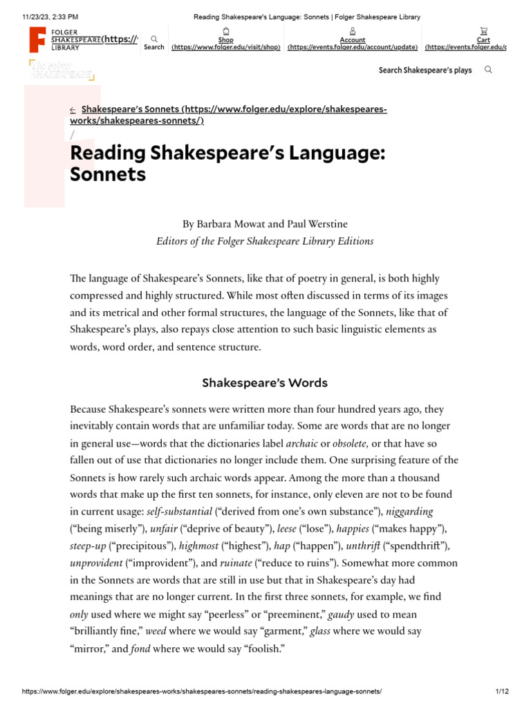 Reading Shakespeare's Language - Sonnets - Folger Shakespeare Library ...