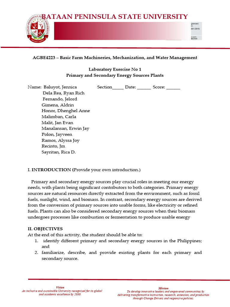 AGBE4223 - Lab - Exercise No.1 - (AY 2023-2024) | PDF | Energy Development | Power Station