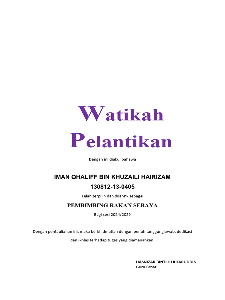 Sijil Watikah Pelantikan Prs 2024 | PDF