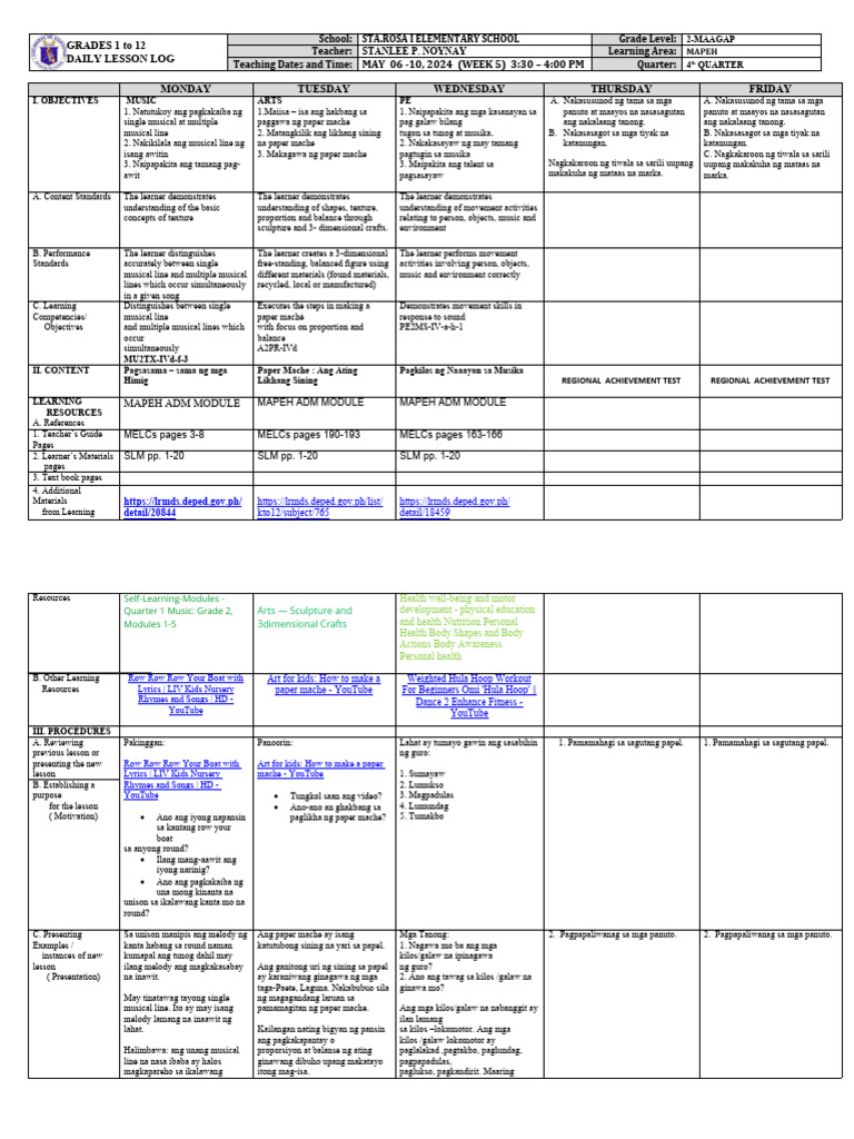 DLL Mapeh-2 Q4 W6-.-Rat | PDF