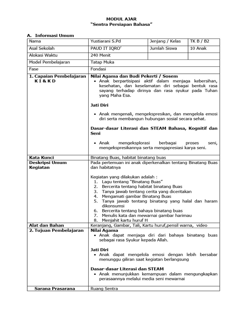 MODUL AJAR 6 Binatang | PDF