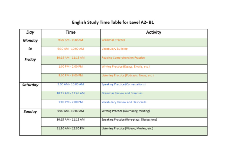 English Study Time Table For Level A2 | PDF