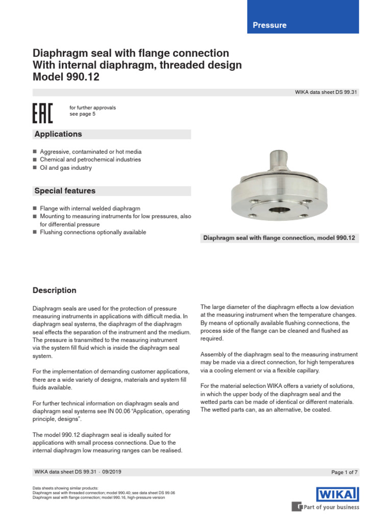 WIKA Diaphragm Seal 990 | PDF | Pressure Measurement | Chemical Engineering
