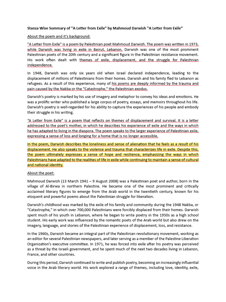 A Letter From Exile | PDF | Palestinians | Poetry