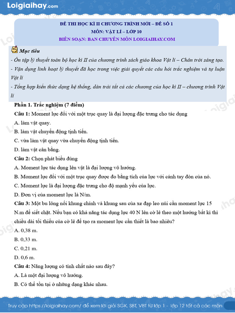 10 de Thi Hoc Ki 2 Vat Li 10 Chan Troi Sang Tao Co Dap An Va Loi Giai Chi Tiet 1682042487 | PDF